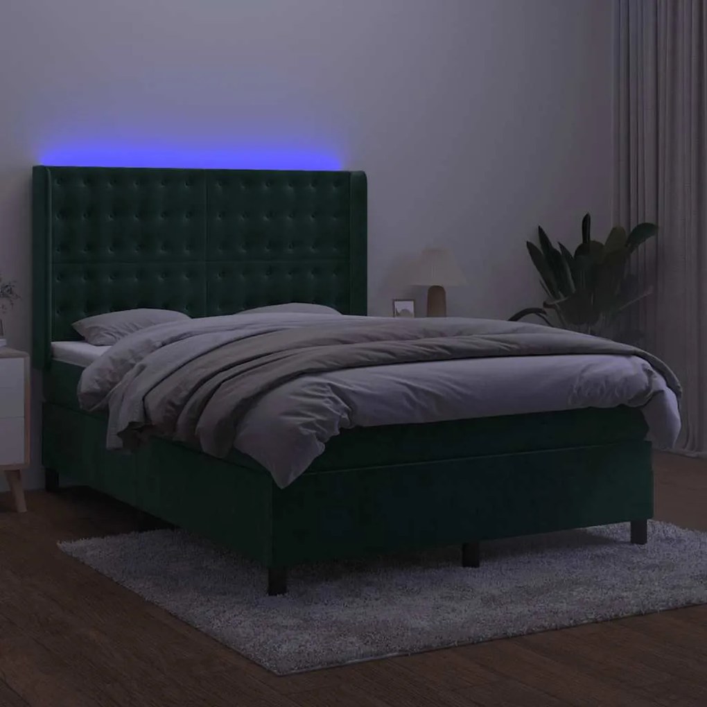 Box spring postel s matrací a LED tmavě zelená 140x190 cm samet 3139802