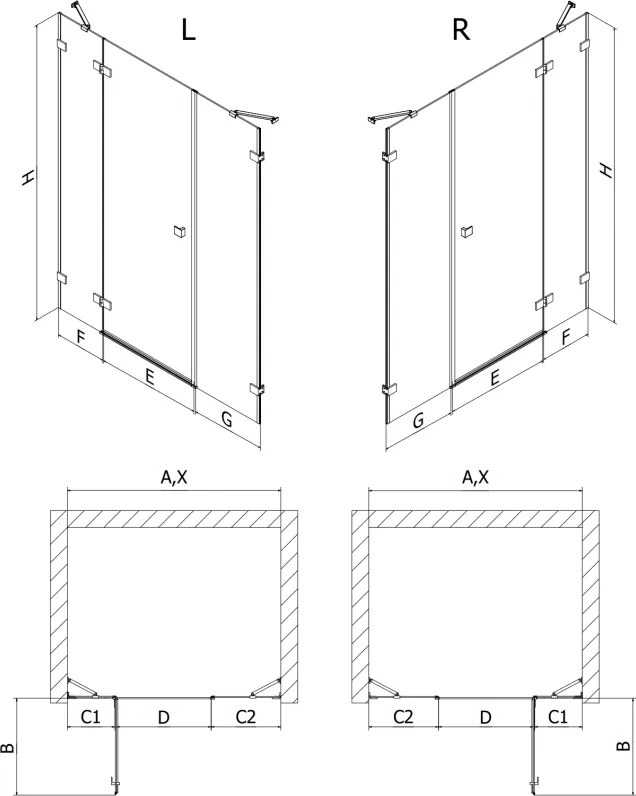Mexen Lunar, levé výklopné sprchové dveře 130 cm, čiré sklo, černý profil, 834S-130-050-70-00-L