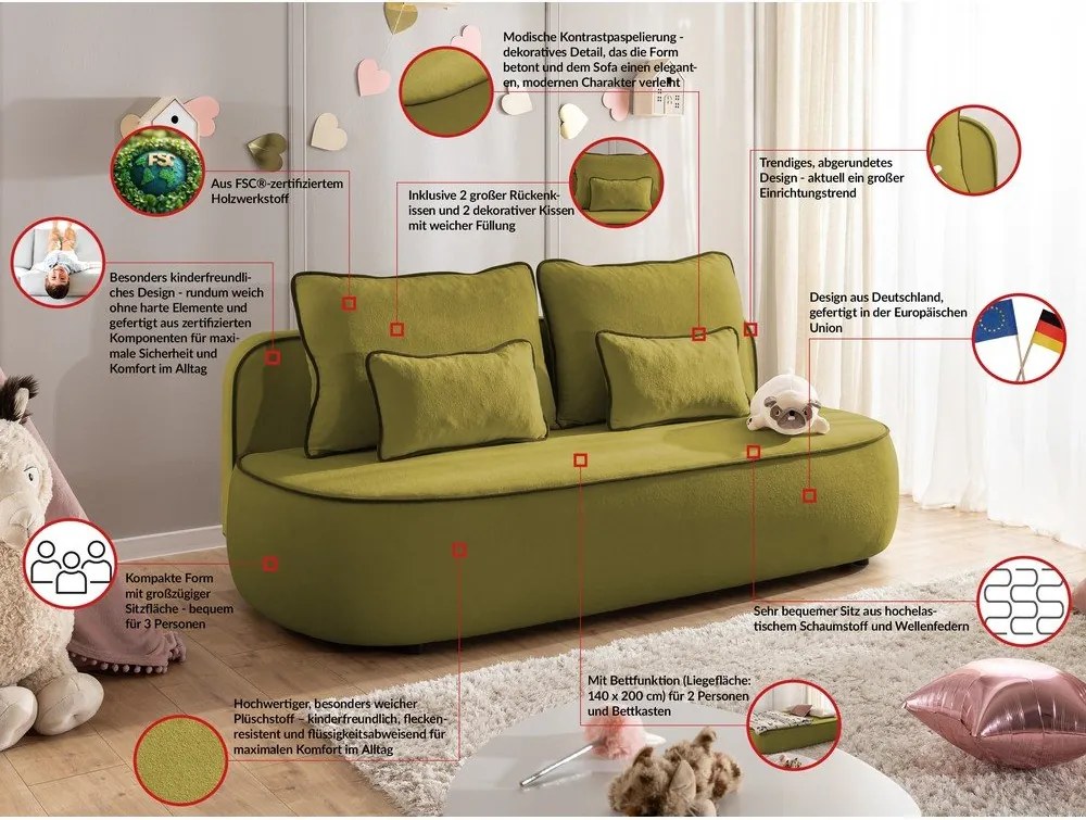 Zelená/tmavě zelená sametová rozkládací/s úložným prostorem dětská pohovka 210 cm Saga – Ropez