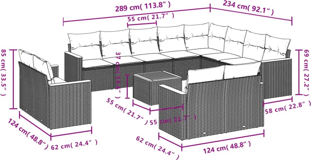 13dílná zahradní sedací souprava s poduškami béžová polyratan 3258923