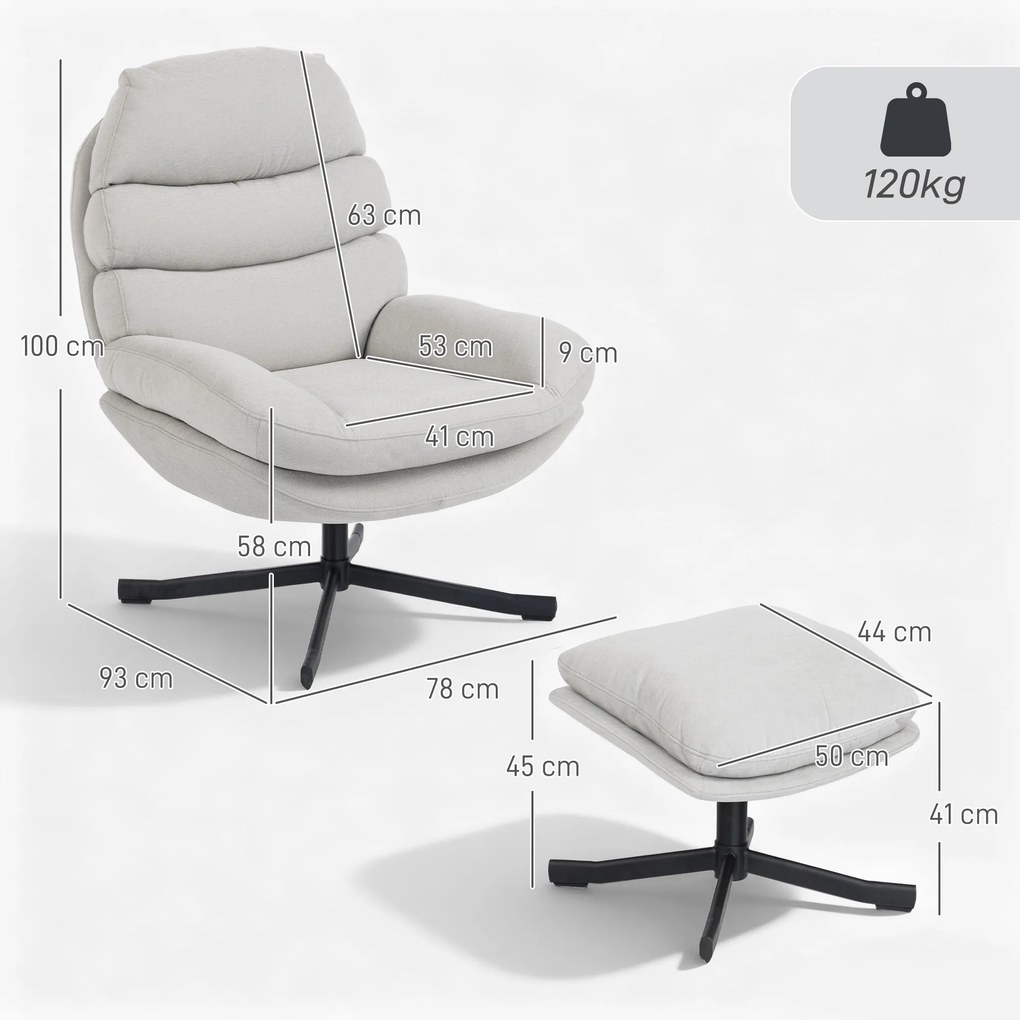 HOMCOM Relaxační křeslo s podnožkou, křeslo, lounge křeslo s čalouněním z chenille, moderní televizní křeslo, 78 x 93 x 100 cm, krémově bílá