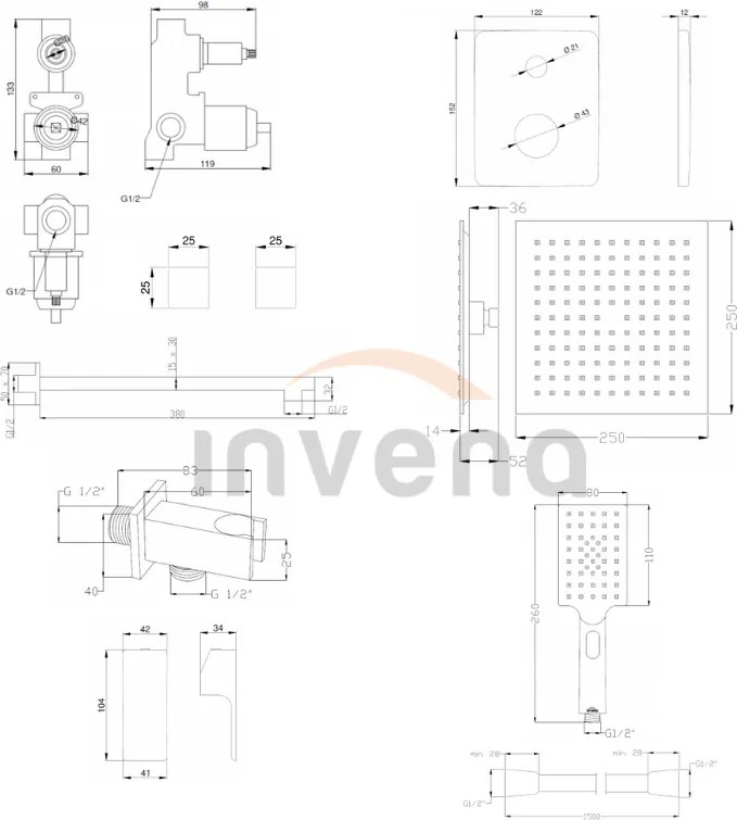 Invena Nyks, podomítková sprchová sada s 2-výstupovým tělesem, chrom lesklý, INV-BS-28-0K2-A