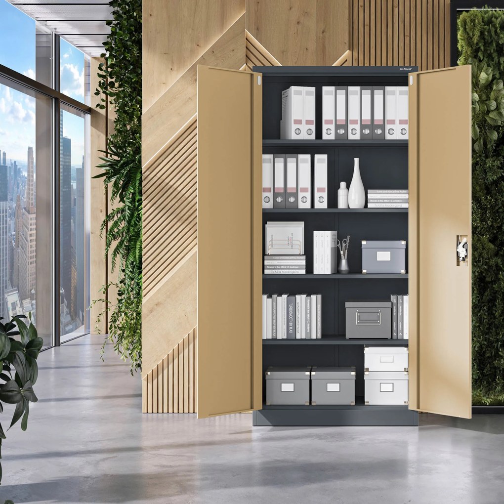Vysoká kovová kancelářská skříň na dokumenty, antracit/ořech, 900x1950x400 mm: JAN H Eco Design