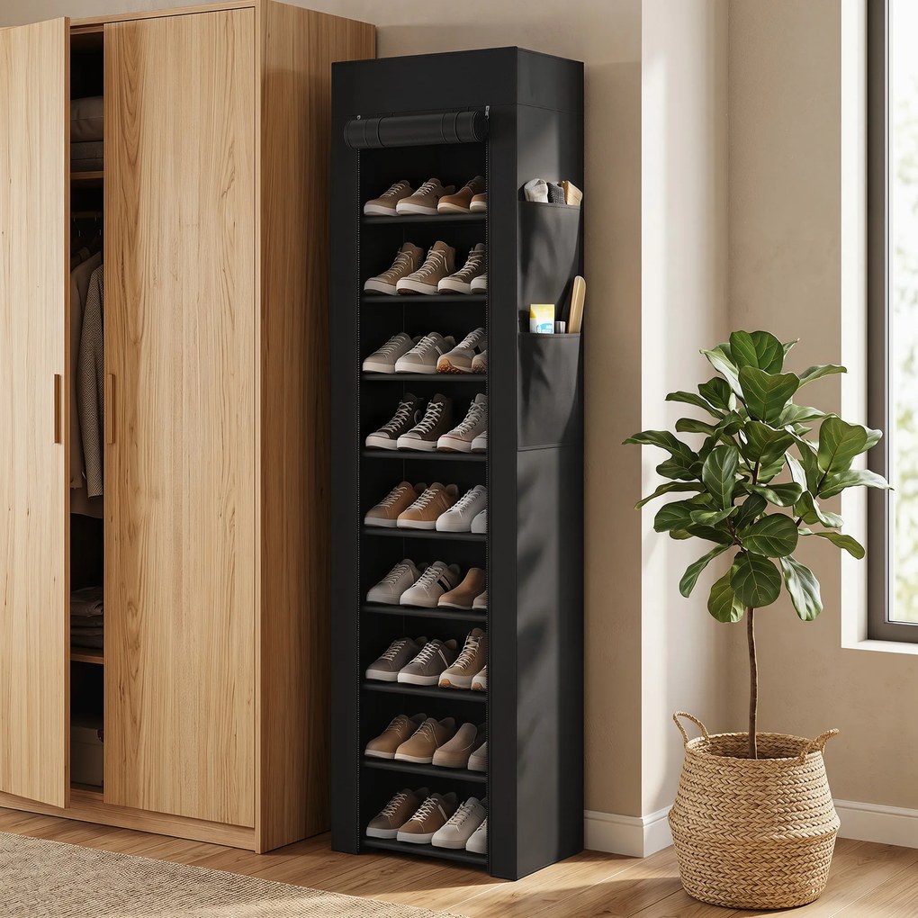 HOMCOM 10patrový úzký kovový botník s ochranným krytem proti prachu – pro 20 párů, 45 × 30 × 175 cm, černý