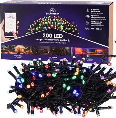 JU Světelný řetěz SMART s 200 LED, vícebarevný, napájení ze sítě, venkovní použití