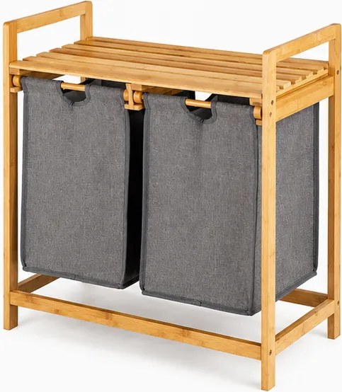 koš na prádlo, objedm 85 l, bambus/látka, 73x64x33 cm, přírodní/šedá, Dekorino KP20260030