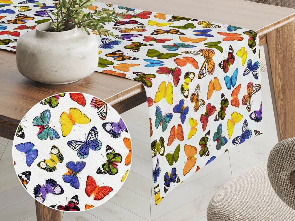 Biante Dekorační běhoun na stůl Leona LN-062 Barevní motýlci na bílém 20x160 cm