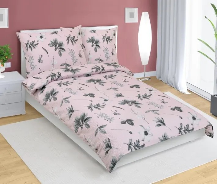 Bellatex Povlečení krepové Louka šedá, růžová rozměr 140x220, 70x90 cm