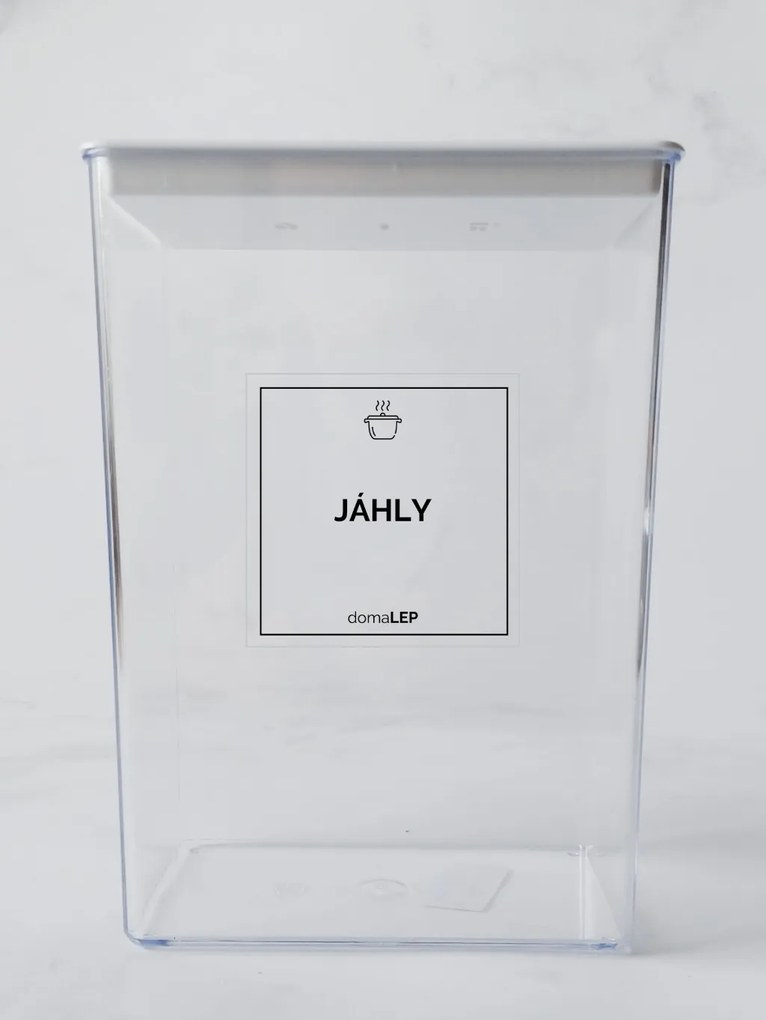 JÁHLY – průhledná samolepka na dózu, tučné písmo, 5 × 5 cm | DomaLEP