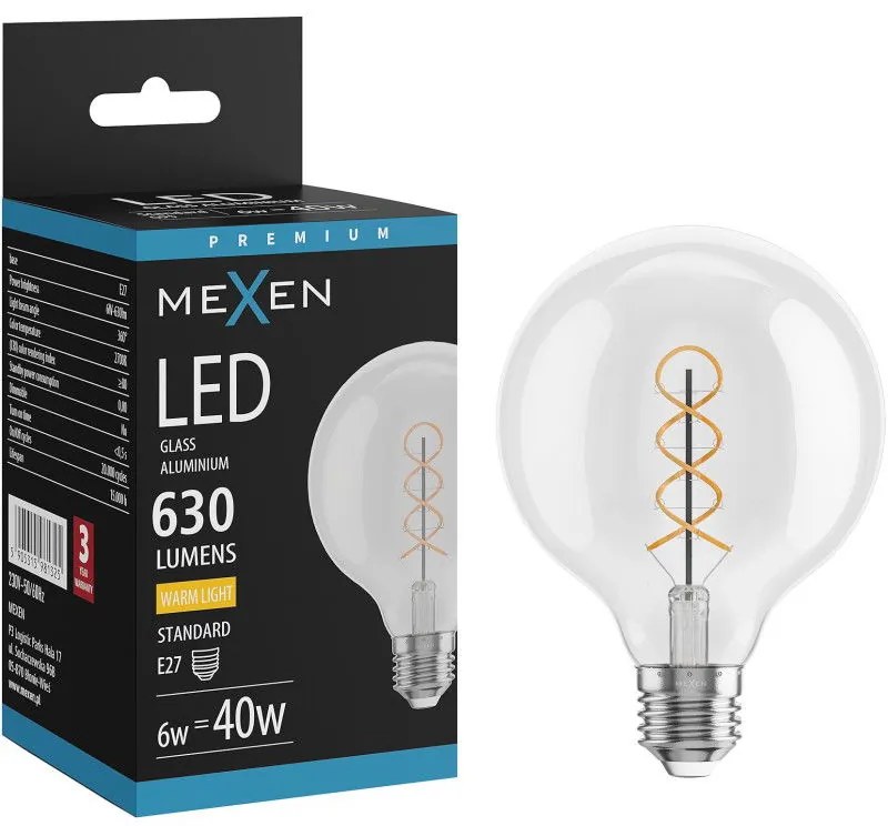 Mexen Vintis Žárovka filament spirála LED E27, G95, 6W, Teplá - 2700K, 630 lm, čirá - L167-E27-0627-00