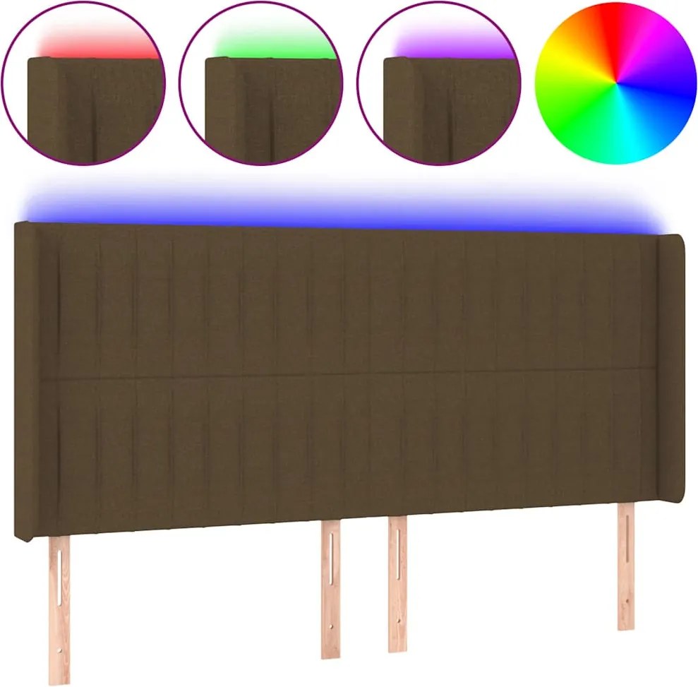 Čelo postele s LED tmavě hnědé 203 x 16 x 118/128 cm textil 3124311