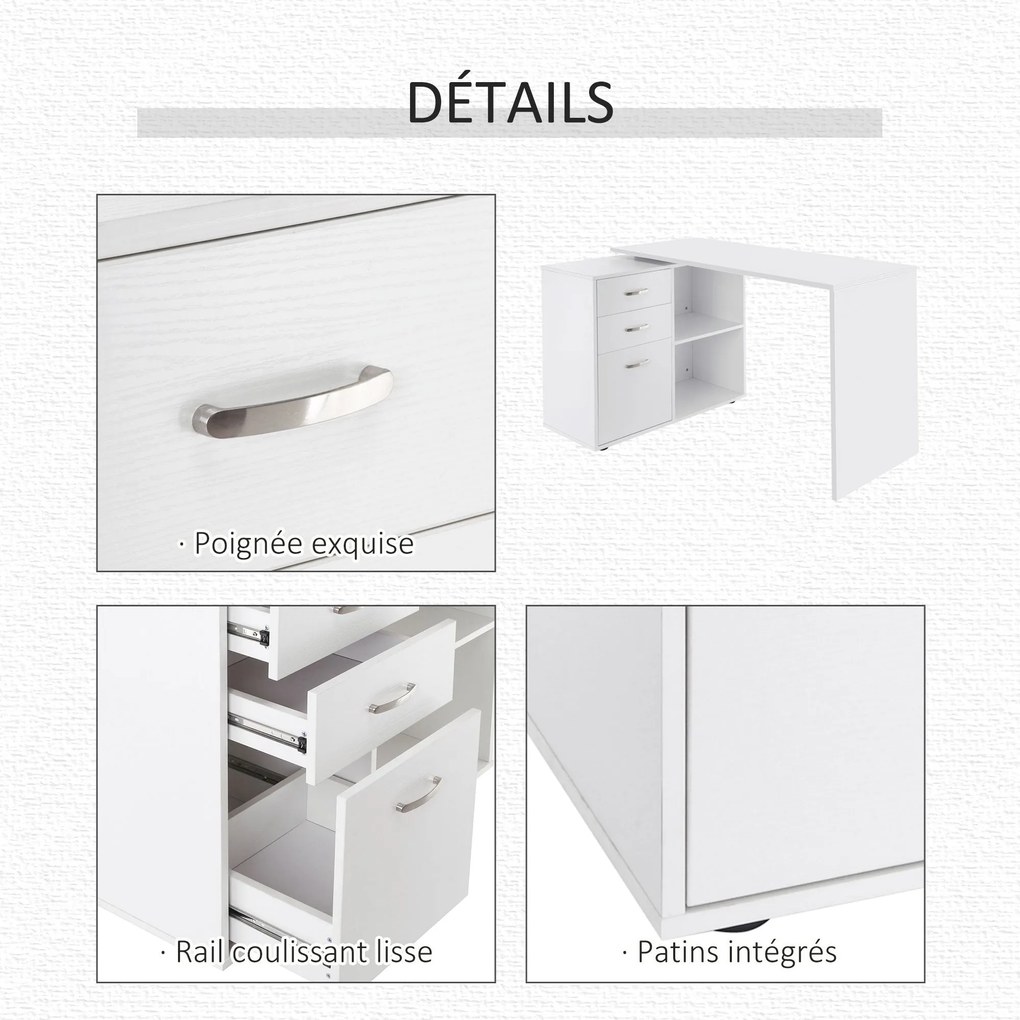 HOMCOM Bílý Moduární Rohový Rovný Stůl Jídelní Stůl 2 v 1 Počítačový Stůl 3 Šuplíky + 2 Polic MDF