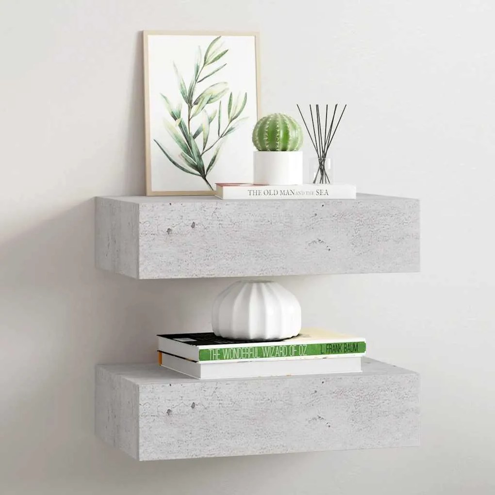 Nástěnné police se zásuvkou 2 ks betonově šedé 40x23,5x10cm MDF 330252