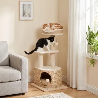 PawHut Škrabadlo Moderní design Pletený styl se škrabacím sloupkem 4 úrovně, rákosová nika, jutový lehátko 87 cm Béžová