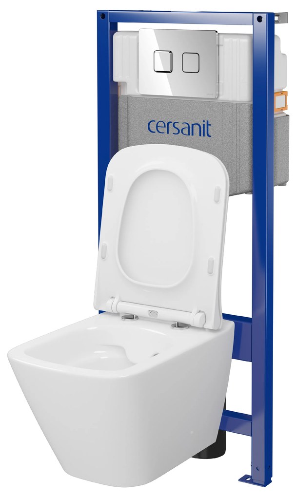 Cersanit City, System50 PNEU podomítkový rám + závěsná wc mísa City Square CleanOn + chromové tlačítko Circle, S701-776