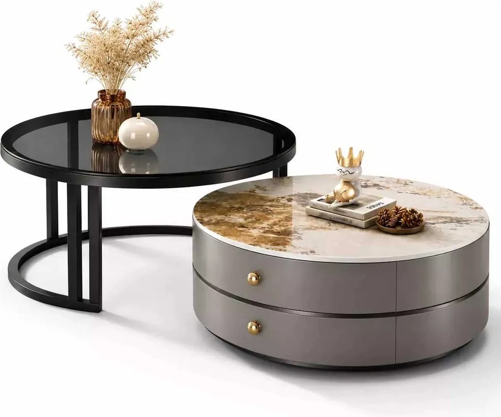 LuxuryForm DESIGN Konferenční stolek ORION 70 × 70 / 50 × 50 cm – šedý / béžový mramor + sklo (set 2 ks)