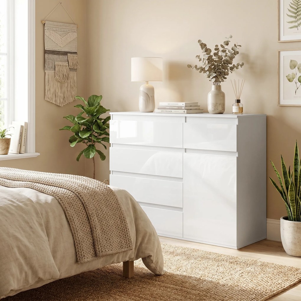 HOMCOM komoda s 5 zásuvkami, nastavitelné police, tlumené dovírání, vysoký lesk — 100 × 40 × 80 cm