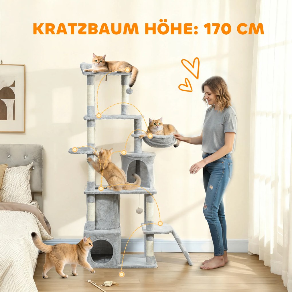 PawHut Škrabadlo pro kočky, 170 cm, tunel, jeskyně, velká základna, sisalové sloupky, světle šedá barva