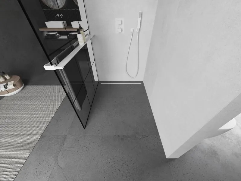 Mexen Kioto+, sprchová zástěna Walk-In s poličkou a věšákem 120 x 200 cm, 8mm čiré sklo černý vzor, ​​bílý profil, 800-120-121-20-77