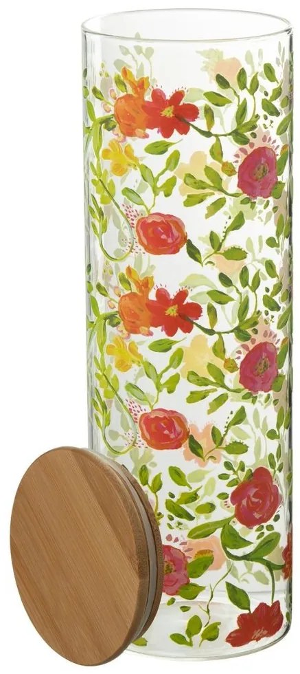 Skleněná dóza na potraviny s dřevěným víčkem a květy  Floral glass - Ø10*30cm / 1900ml