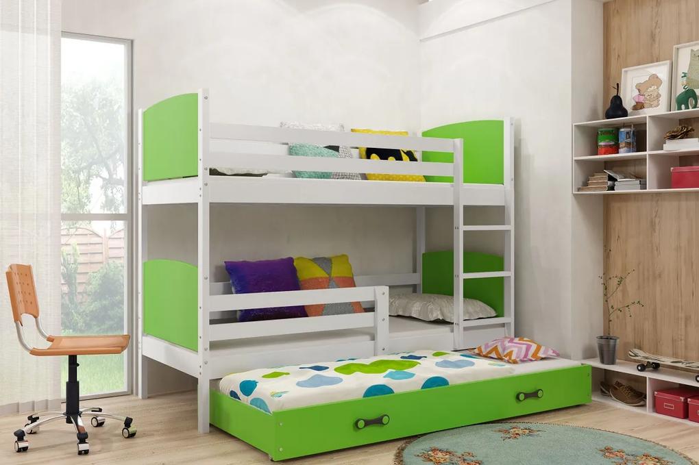 ImportWorld Dětská patrová postel Evžen - 3 osoby, 80x190 s výsuvnou přistýlkou – Bílá, Zelená