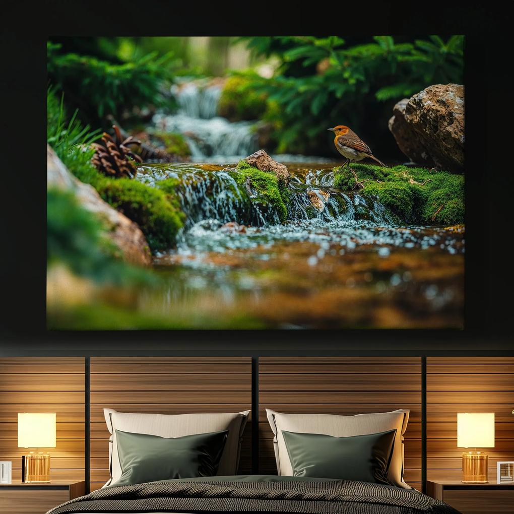Obraz na plátně - Mechový vodopád s ptáčkem FeelHappy.cz Velikost obrazu: 150 x 100 cm