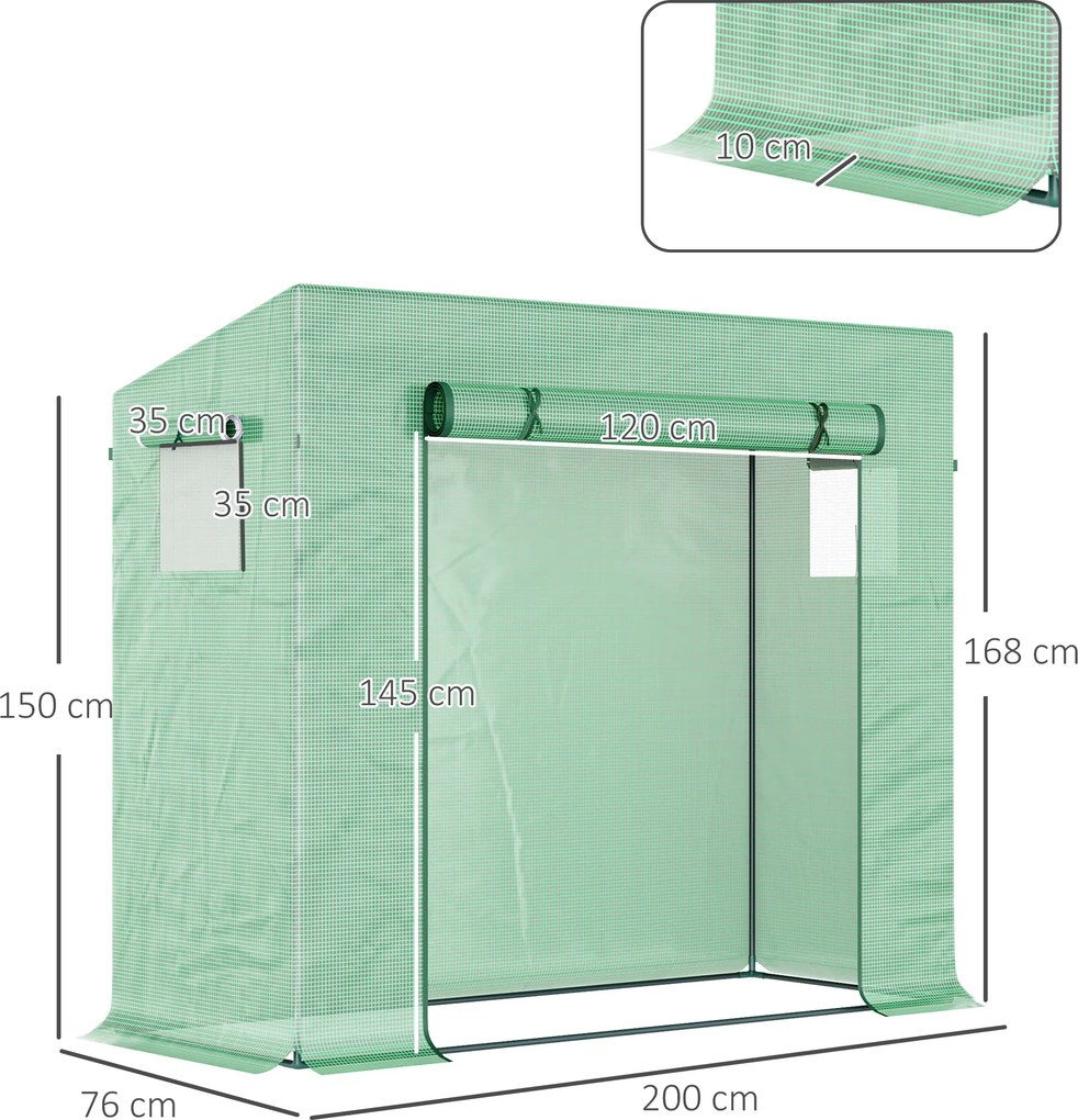 Skleník Outsunny, 200 x 76 x 168 cm, fóliový skleník s rolovacími dveřmi, skleník, domek na rajčata s bočním oknem, PE síťová fólie, zimní skleník pr…