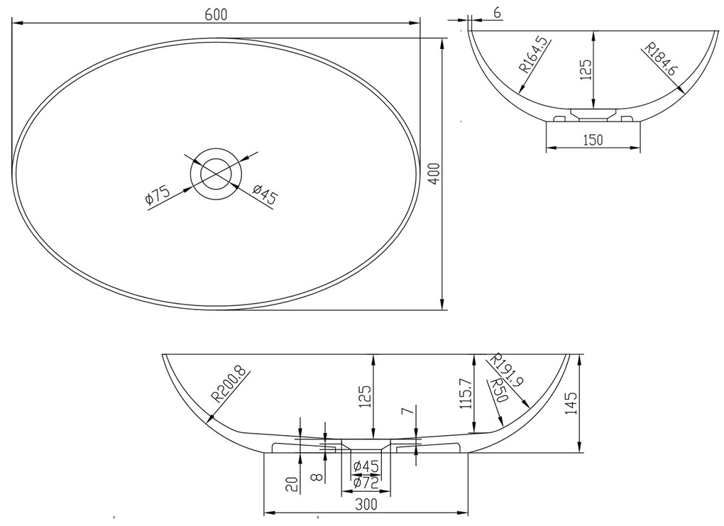 Sapho, THIN oválné umyvadlo 600x400x145mm, na desku, matná bílá, WN893