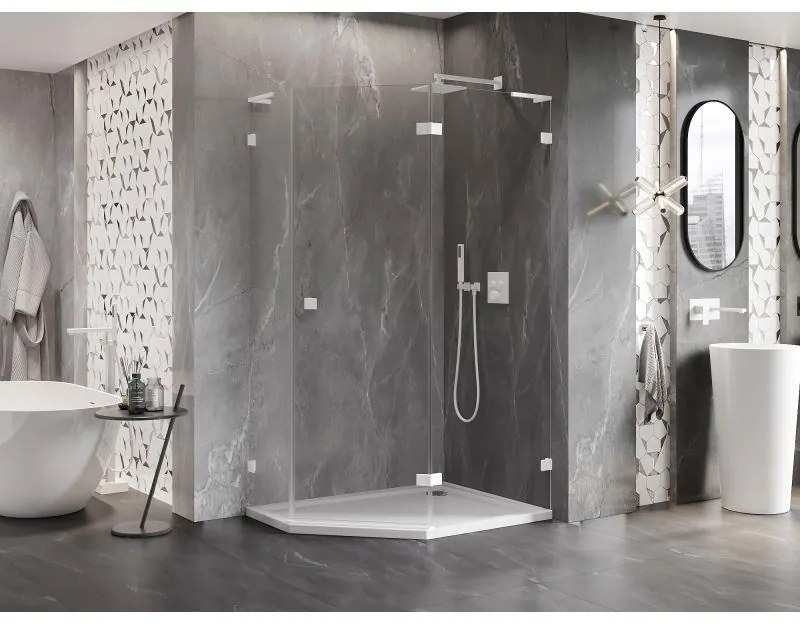 Mexen Lunar, L pravý výklopný pětiúhelníkový sprchový kout 100 x 80 cm, 8mm čiré sklo, bílý profil, 831L-100P-080L-20-00-P