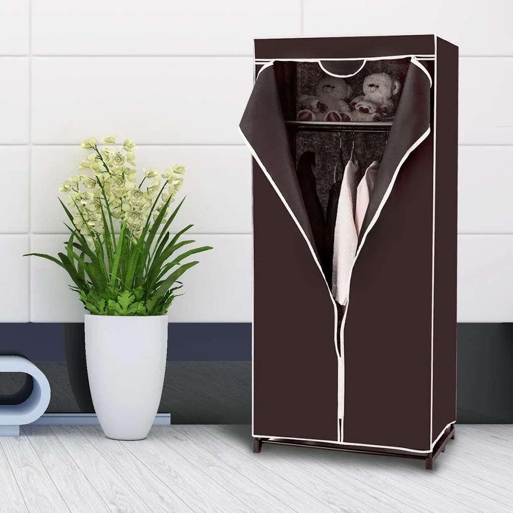 Costway Šatní skříň textilní látková s tyčí na šaty – 75 × 50 × 170 cm, hnědý