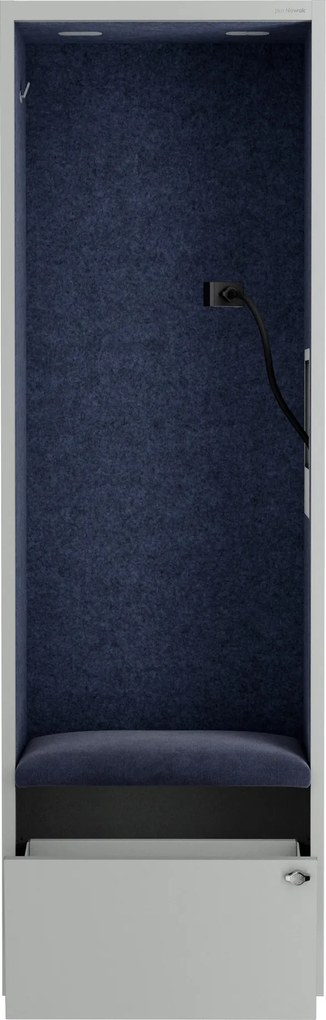 Kancelářská akustická kabina se sedátkem a USB-C portem, korpus šedý / sedák námořnická modrá, 600 mm: SALLY MentalBox
