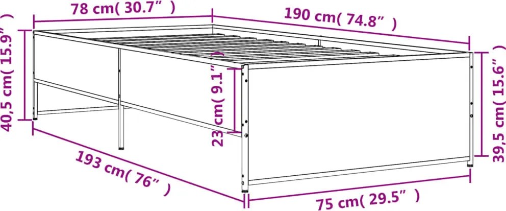 vidaXL Rám postele 75 x 190 cm kompozitní dřevo a kov [845252] Barva: šedá sonoma