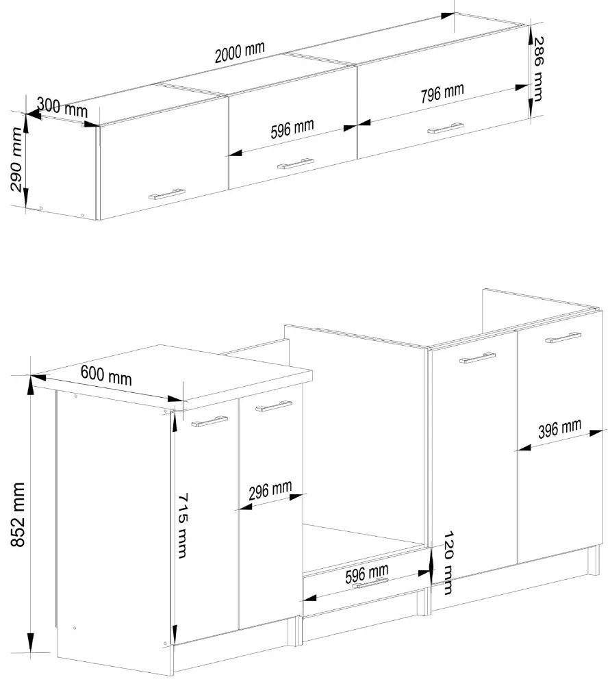 Kuchyňská linka Olivie G1 2 m bílá/beton/dub sonoma