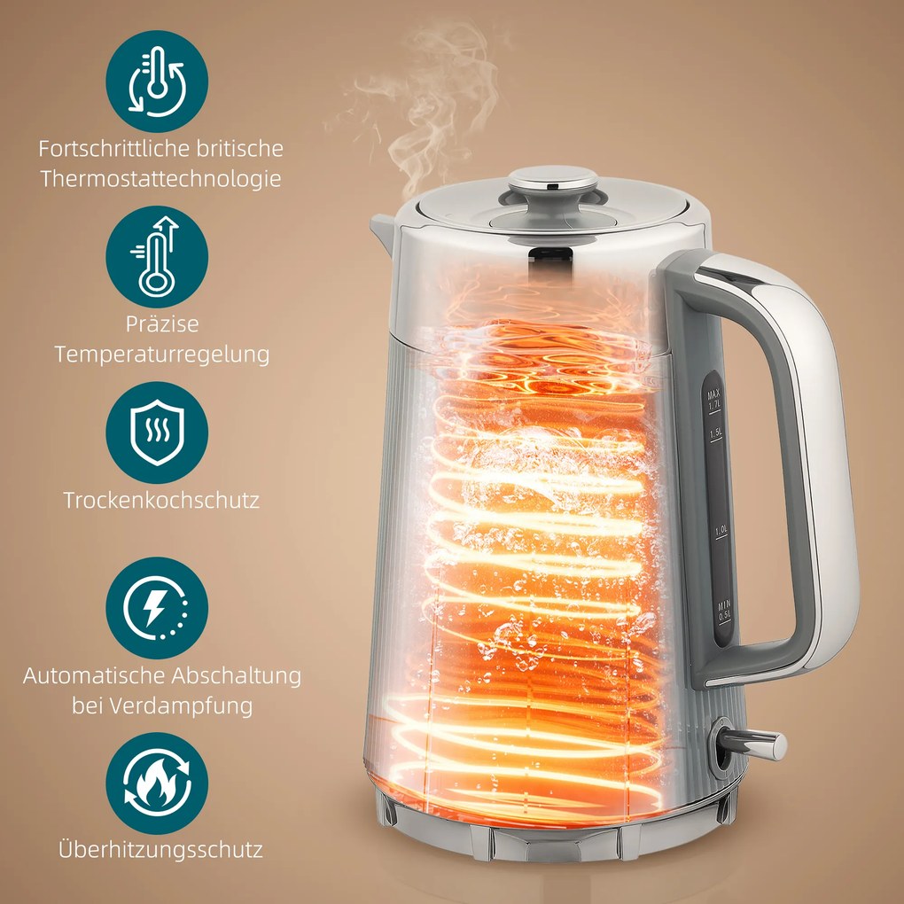 HOMCOM Varná konvice 2200 W, 1,7 l s funkcí rychlého vaření, filtr proti vodnímu kameni a toustovač na 4 plátky s 7 stupni opékání, šedá