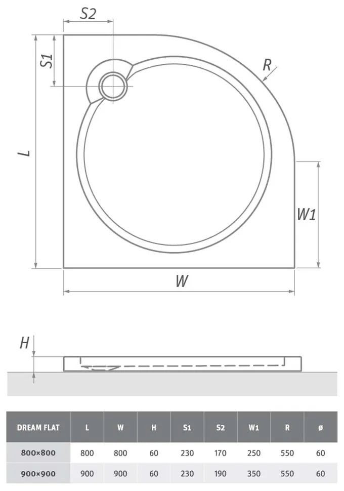 Čtvrtkruhová samonosná sprchová vanička DREAM FLAT 60 mm S 800 × 800 R550 DREAM FLAT 800 80 cm 80 cm 8000284