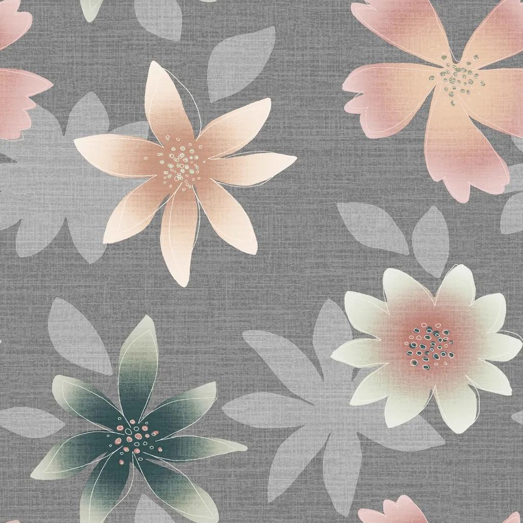 Závěs dekorační nebo látka, OXY Lososové květy na šedém, 150 cm 150 cm