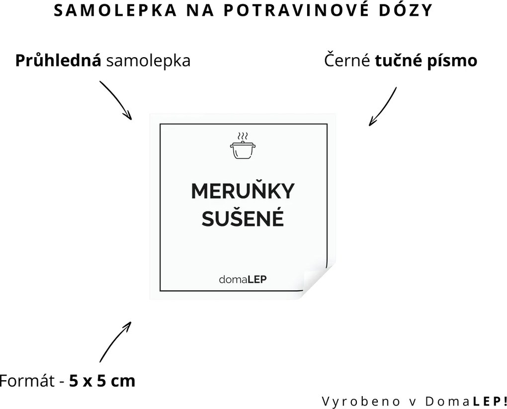 MERUŇKY SUŠENÉ - omyvatelná samolepka na dózu, výběr rozměrů Ø 5 cm / 5 x 5 cm / 6 x 8 cm | DomaLEP tvar: KOLEČKO, barva: PRŮHLEDNÁ - ČERNÉ písmo, velikost: Ø 5 cm - základní písmo