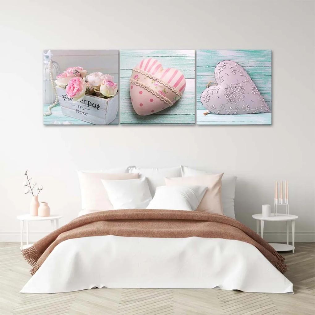 Obraz na plátně třídílný Srdce lásky růžové - 120x40 cm