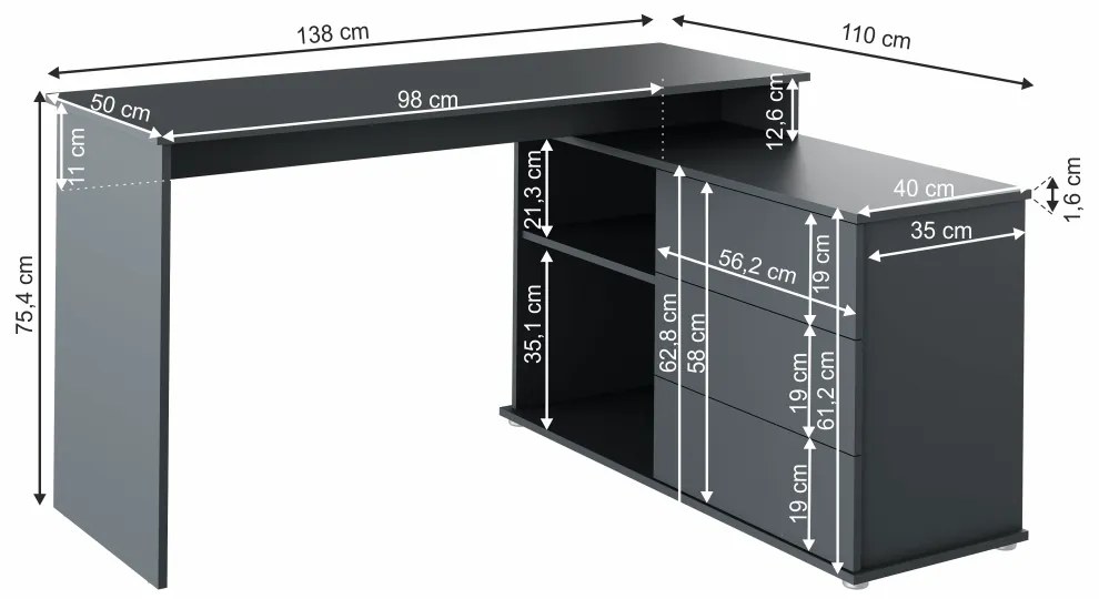 Kondela Univerzální rohový PC stůl, grafit, TERINO