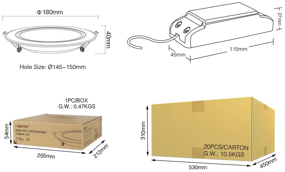 Miboxer LED zápustné svítidlo RGB+CCT Mi-light, 12W, Zigbee 3.0, FUT066Z