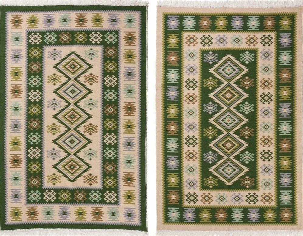 Koberec Kilim Boho Oboustranný Plochý Zelený Bavlna 120x180 Třásněmi