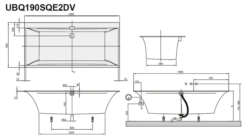 VILLEROY & BOCH Villeroy Boch Square EDGE 12 Duo: Vana 1900x900mm, Quaryl, včetně nohou (samolepicí), odpadu a přepadu, bílá Alpin UBQ190SQE2DV-01
