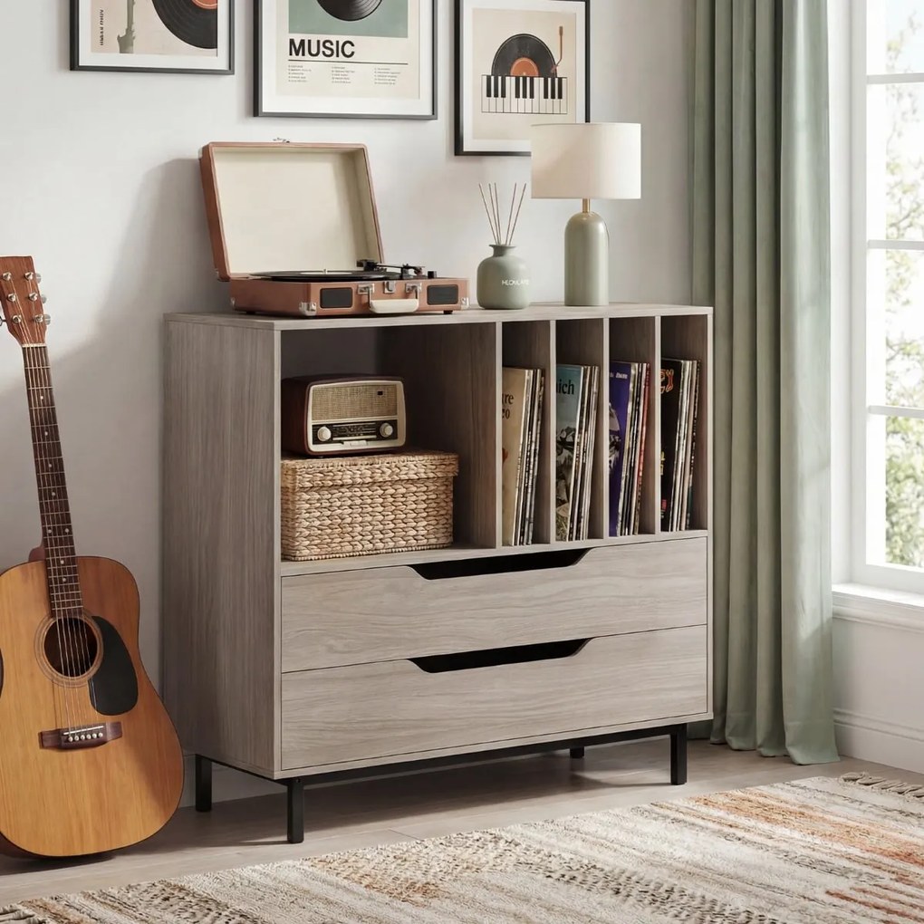 Costway Stojan na gramofon s 4 vinylovými přihrádkami a 2 zásuvkami
