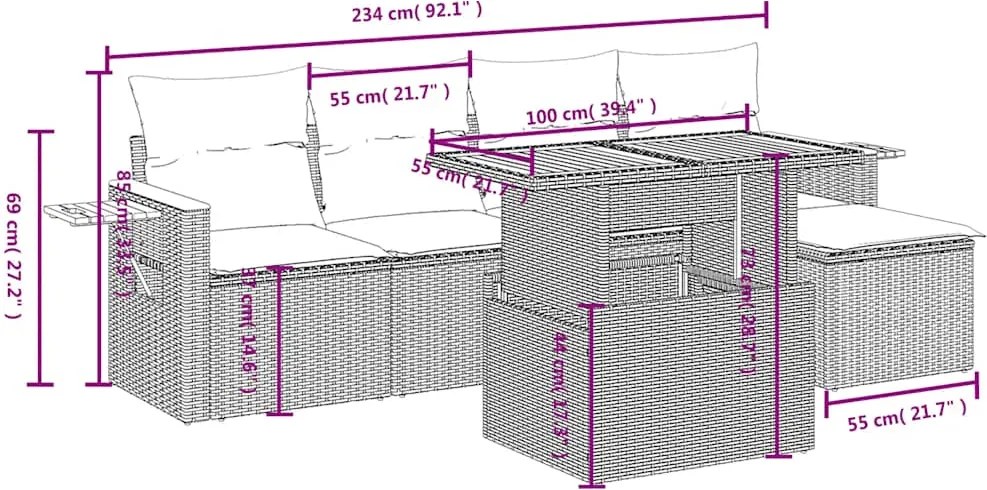 6dílná zahradní sedací souprava s poduškami černá polyratan 3273491