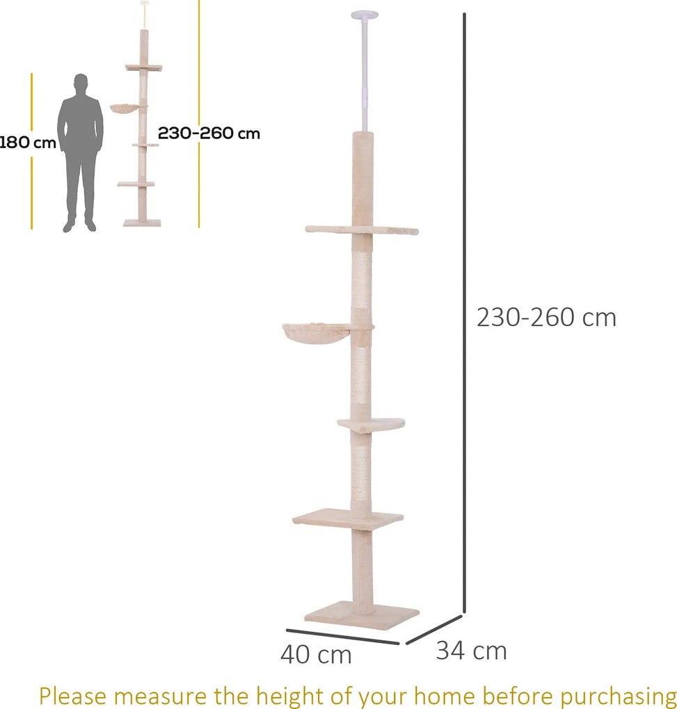 PawHut škrabadlo stropní, H230-260 cm, výškově nastavitelný strom pro kočky, stabilní, béžový| Aosom