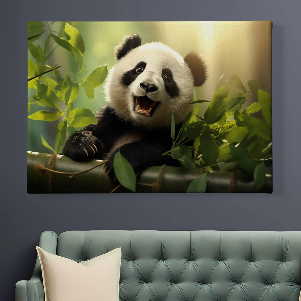 Obraz na plátně - Panda se spokojeně opírá o bambus FeelHappy.cz Velikost obrazu: 120 x 80 cm