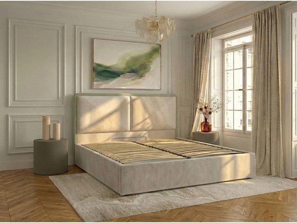 Světle zelená/béžová čalouněná dvoulůžková postel s úložným prostorem s roštem 160x200 cm Mara – Bobochic Paris