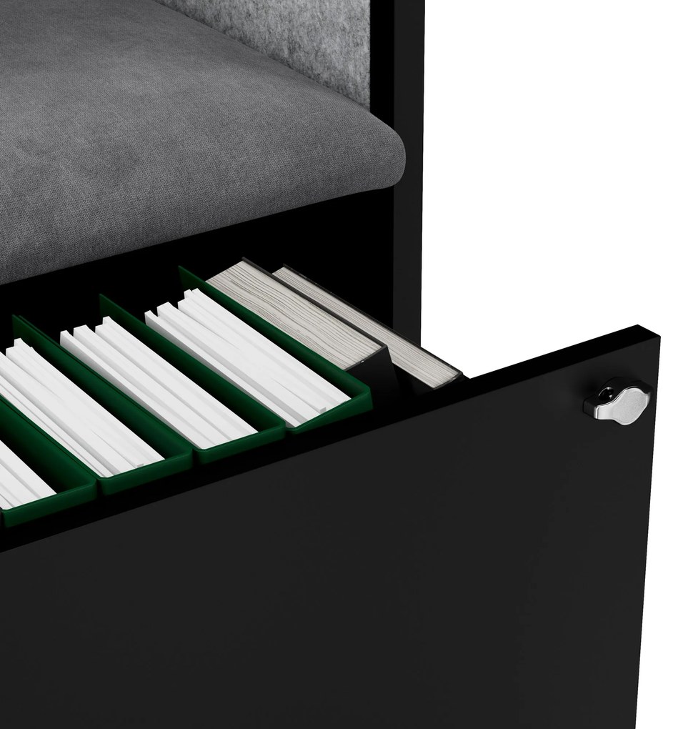 Kancelářská akustická kabina se sedátkem a USB-C portem, korpus černý / sedák šedá, 1150 mm: SALLY MentalBox