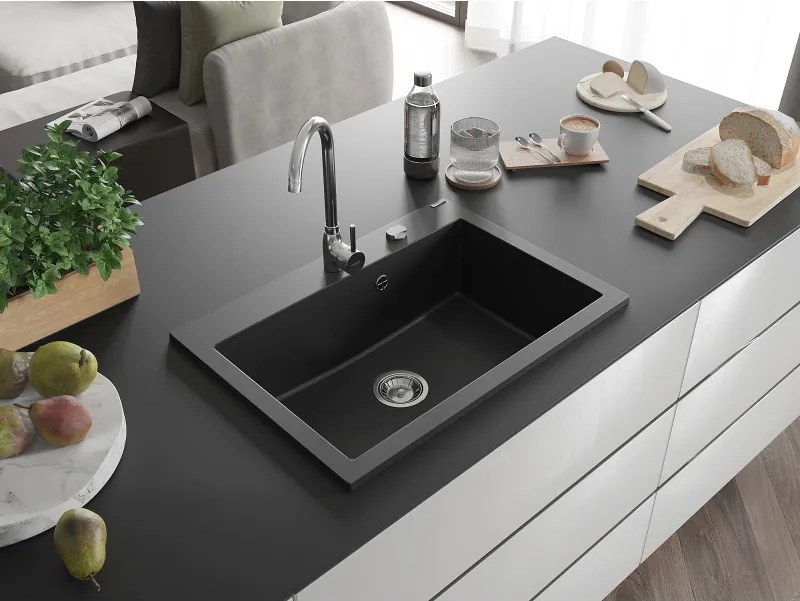 Mexen Elix granitový dřez 1-komorový 700 x 500 mm, černý, sifon chrom - 6526701005-77
