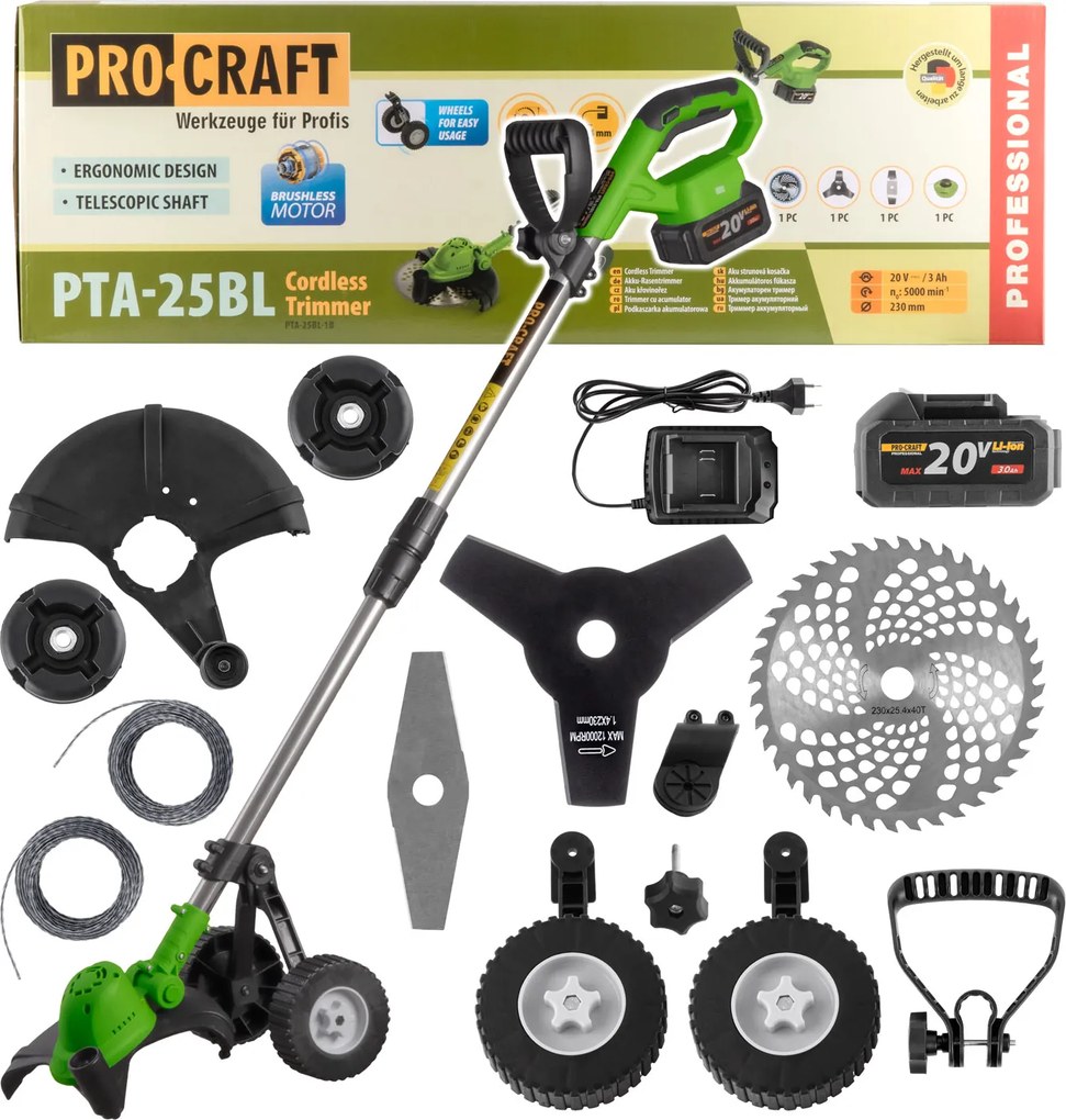 Procraft PTA-25BL-1B 20V SET - akumulátorový vyžínač (s 3,0 Ah akumulátorem a nabííječkou)